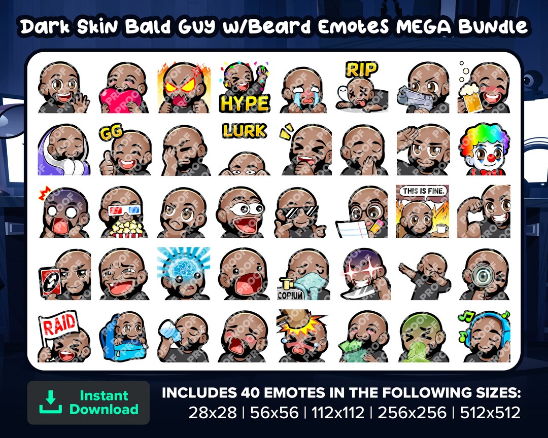 Bald Dark Skin Guy With Beard Twitch Emotes MEGA Bundle for Streaming ...