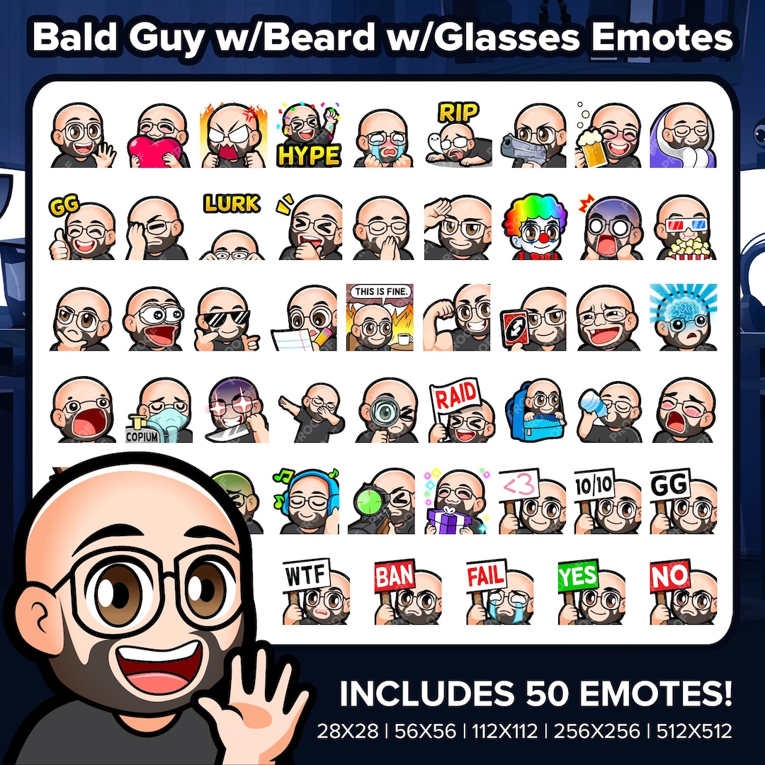 Bald Guy With Beard With Glasses Twitch Emotes MEGA Bundle for ...