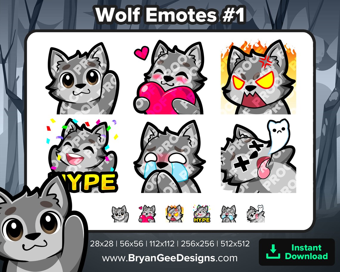 Wolf Twitch Emotes Wave Love Heart Rage Angry HYPE Sad Cry RIP - Etsy