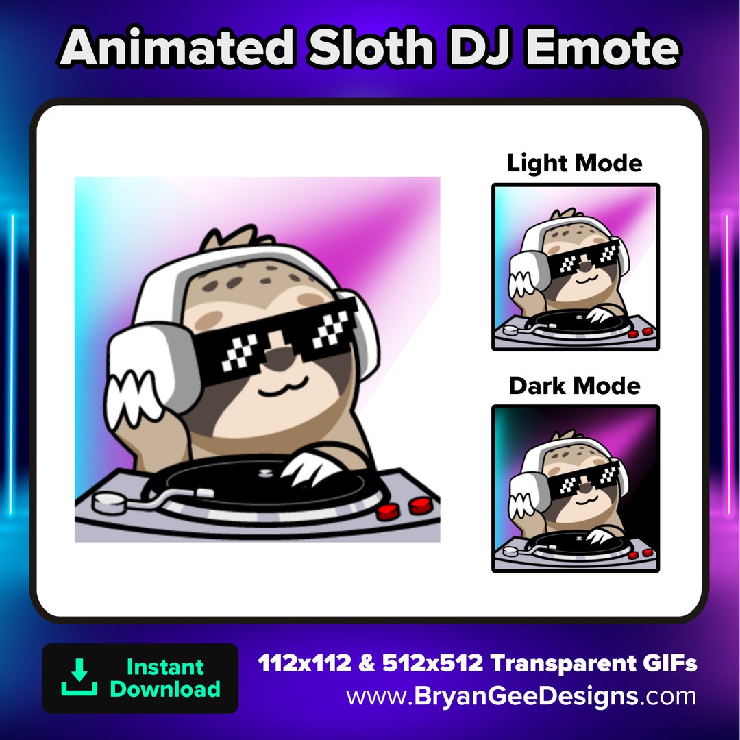 Animated Sloth DJ Emote for Twitch, Discord, Kick, Rumble for Streaming ...