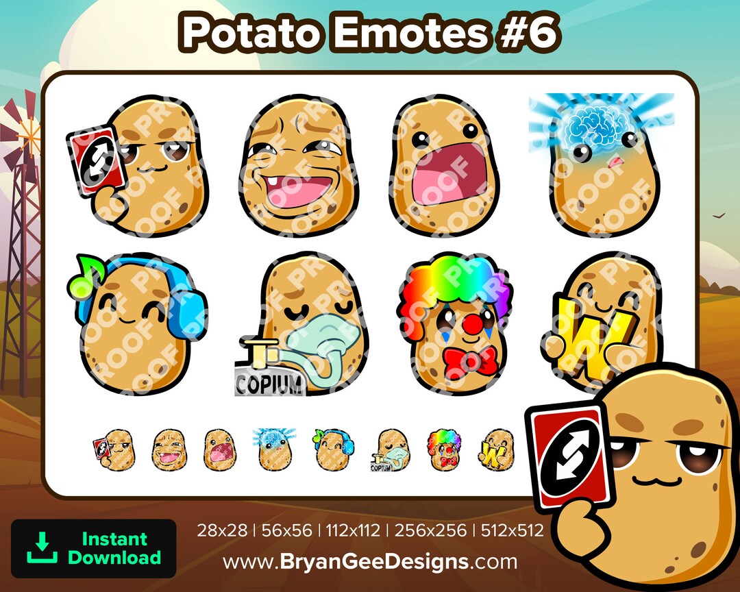 Potato Twitch Emotes Uno Reverse KEKW Gasp Big Brain Music Copium Clown ...