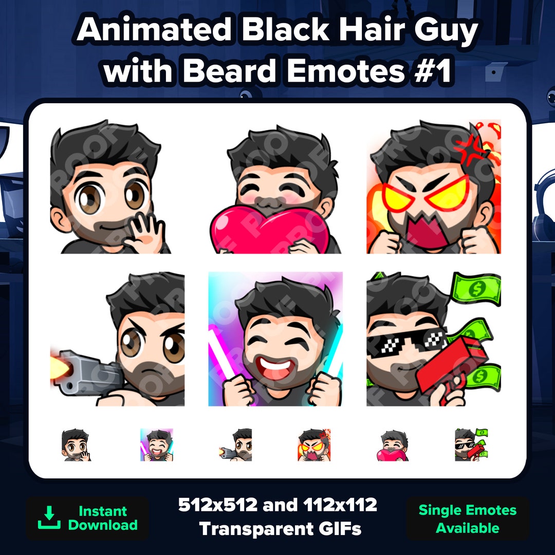 Animated Black Hair Guy With Beard Twitch Emotes Wave Love Rage Money ...