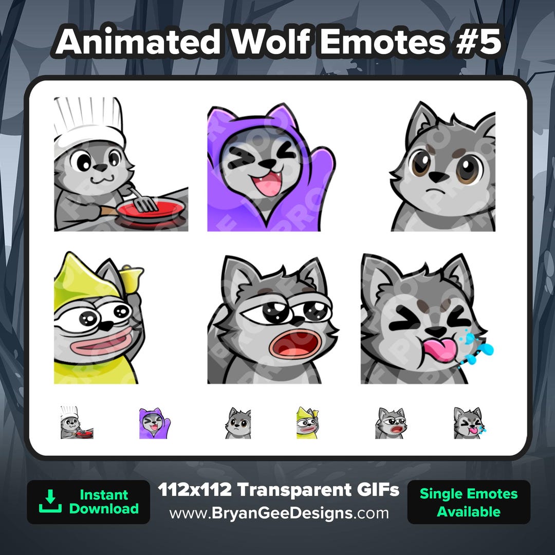 Animated Wolf Twitch Emotes Let Them Cook, Blankie, Salute, Dinkdonk ...