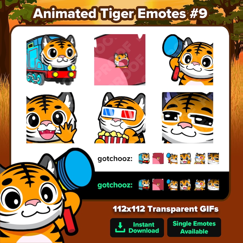 Animated Tiger Emotes Pack #9 | Hype Train, GASP, Bonk, HAI, Popcorn ...
