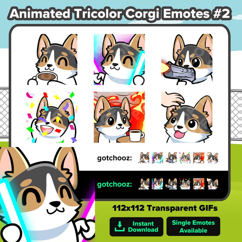 Animated Tricolor Corgi Emotes Pack #2 | Sip, Rave, Shoot, Hype, Head ...