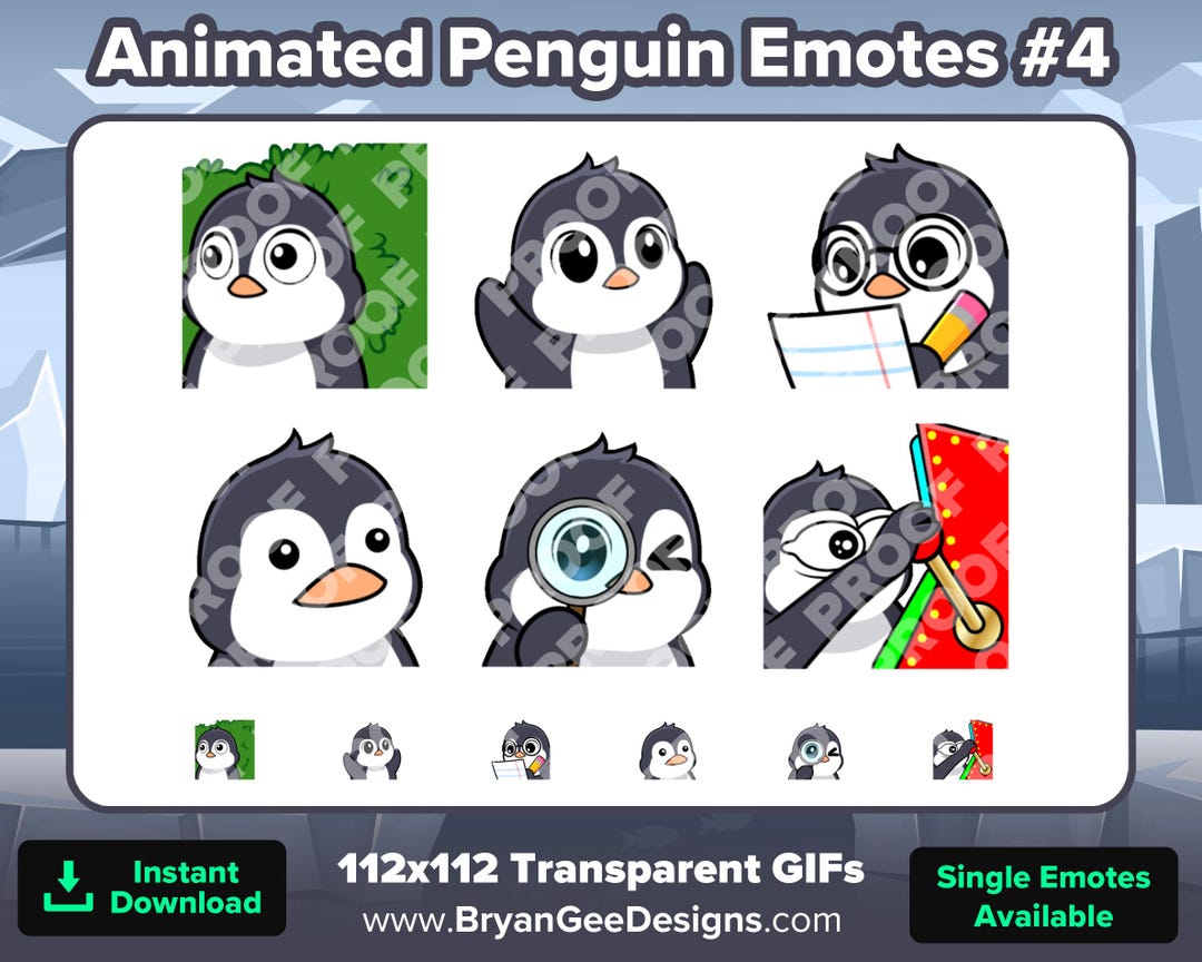 Animated Penguin Twitch Emotes Hiding Bush, Clapping, Notes, POP, Sus ...