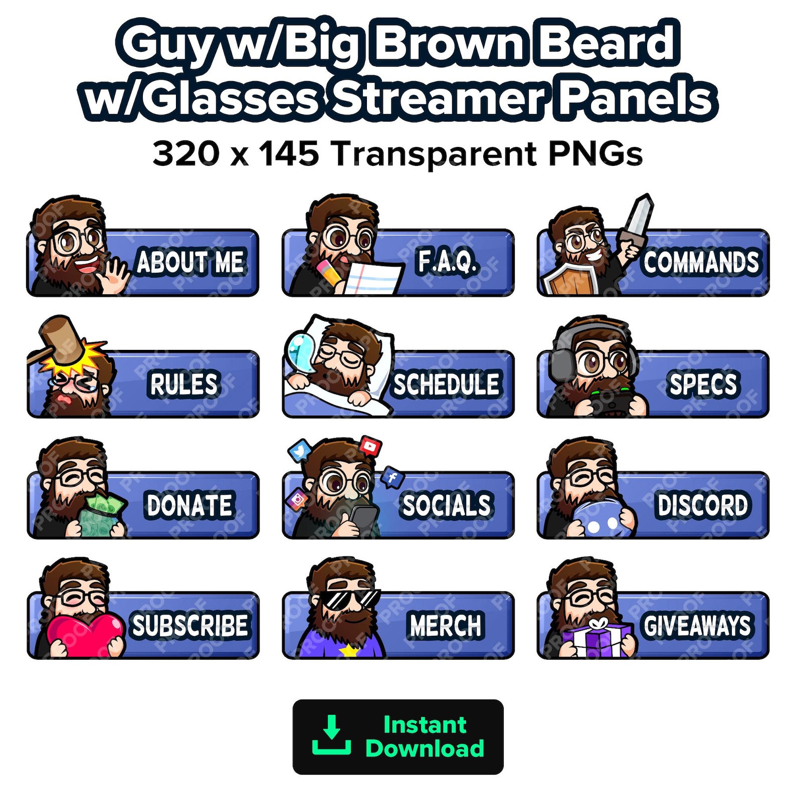 Brown Hair Guy With Big Beard and Glasses Twitch Panels for Streaming ...