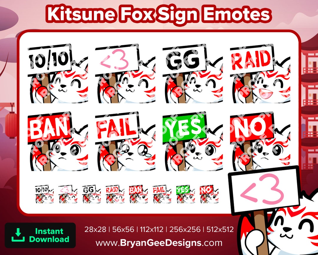 Kitsune Fox Twitch Emotes Heart Sign 10 Sign GG Sign Raid Sign Ban Sign ...