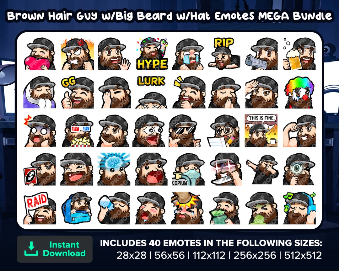 Brown Hair Guy With Big Beard With Front Hat Twitch Emotes MEGA Bundle ...