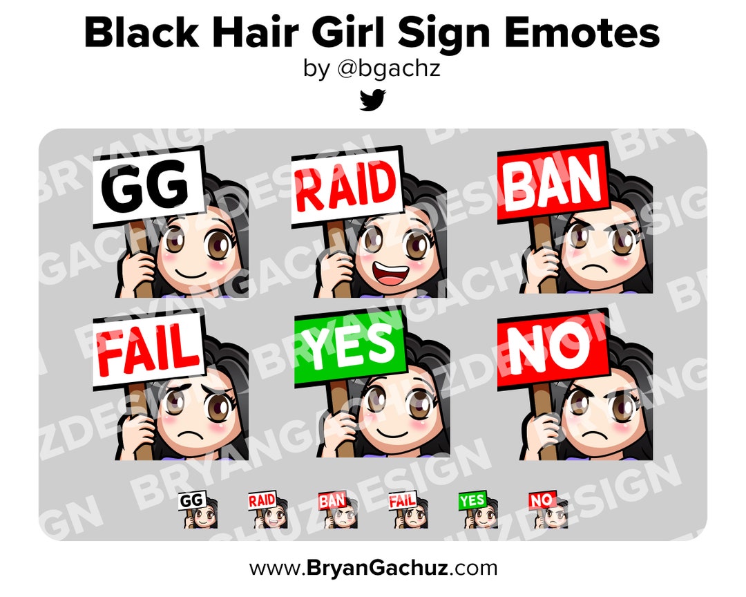 Black Hair GG, Raid, Ban, Fail, Yes and No Sign Girl Emotes for Twitch ...