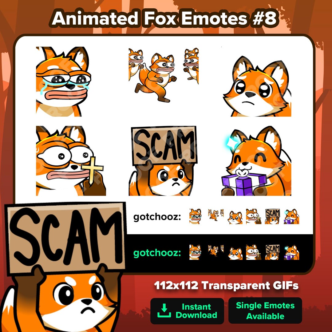 Animated Fox Twitch Emotes Why, Scatter, Bonk, Cross, Scam, Gifted Sub ...