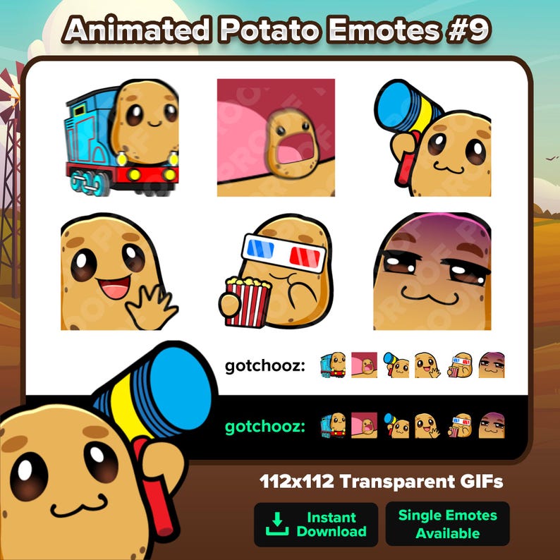Animated Potato Emotes Pack #9 | Hype Train, GASP, Bonk, HAI, Popcorn ...