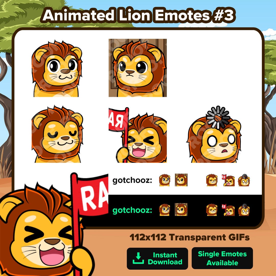Animated Lion Twitch Emotes Big Eyes, Leave, Lurk, Nodders, RAID ...