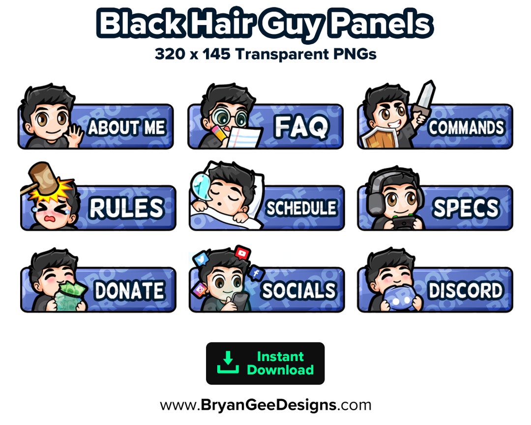 Black Hair Guy Twitch Panels for Streaming, Youtube Panels, Kick Panels ...