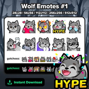 Wolf Twitch Emotes Wave Love Heart Rage Angry HYPE Sad Cry RIP Gun Cozy ...