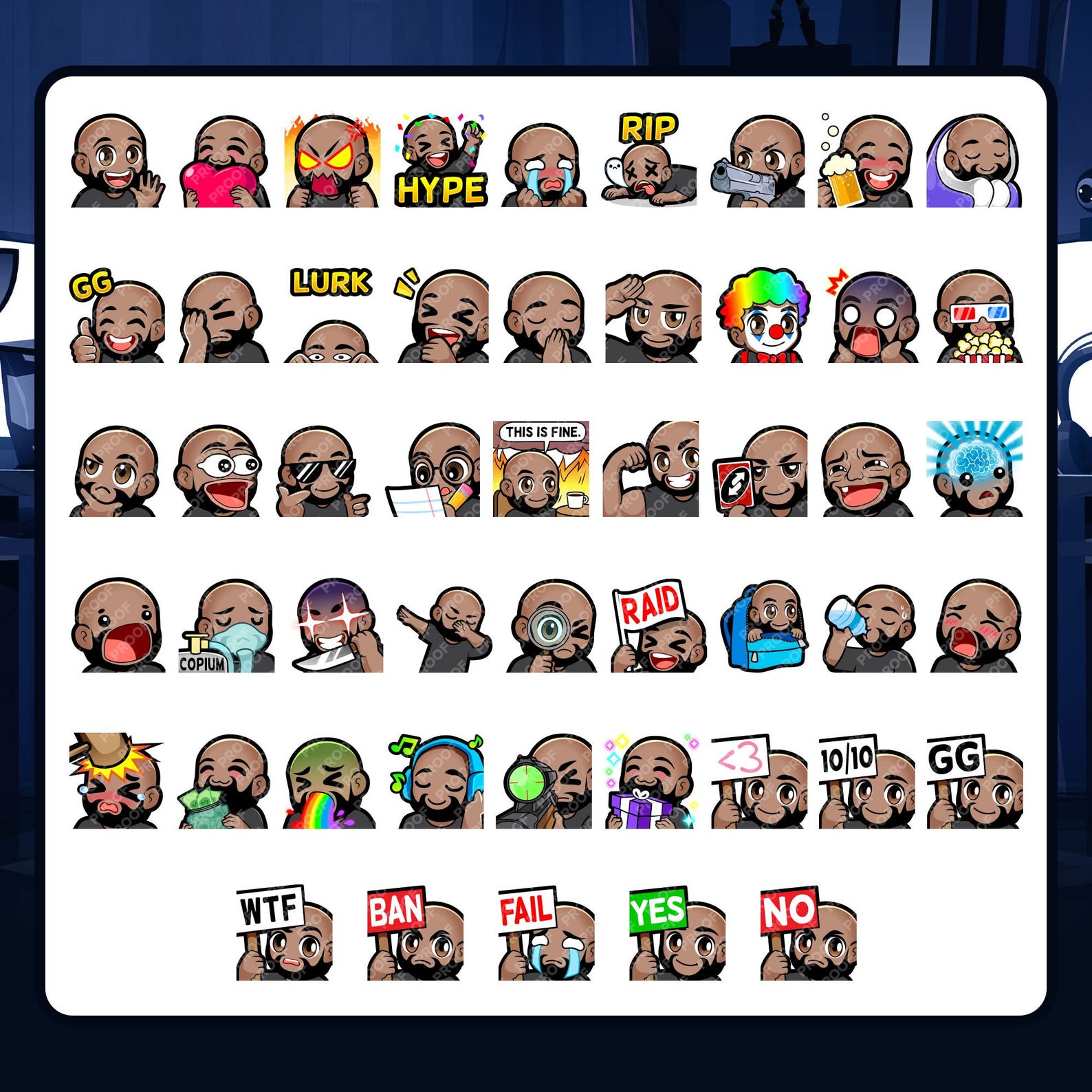 Bald Dark Skin Guy With Beard Twitch Emotes MEGA Bundle for Streaming ...