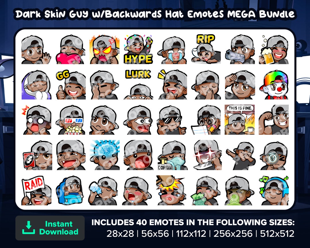 Backwards Hat Dark Skin Guy Twitch Emotes MEGA Bundle for Streaming ...