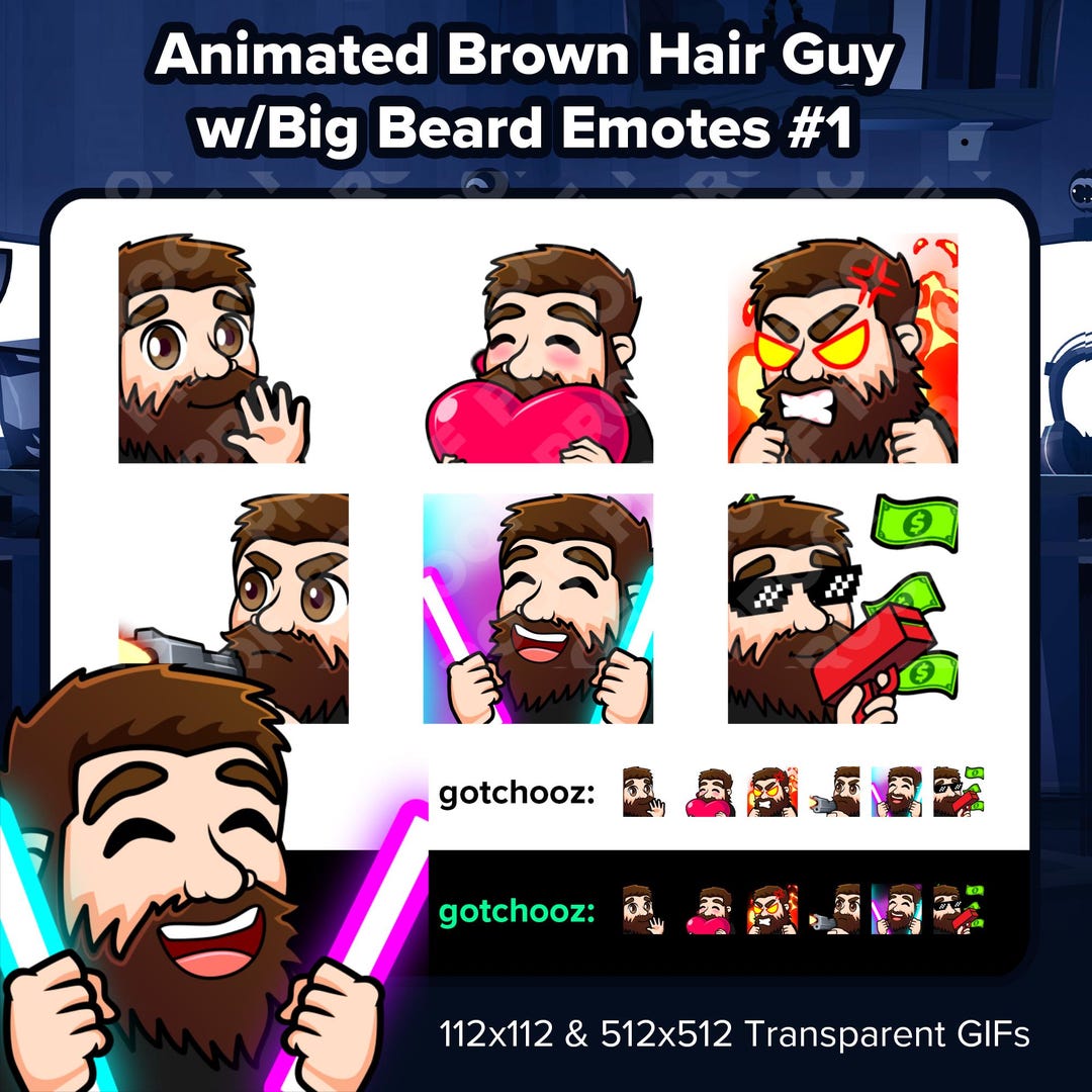 Animated Brown Hair Guy With Big Beard Twitch Emotes Wave Love Rage ...