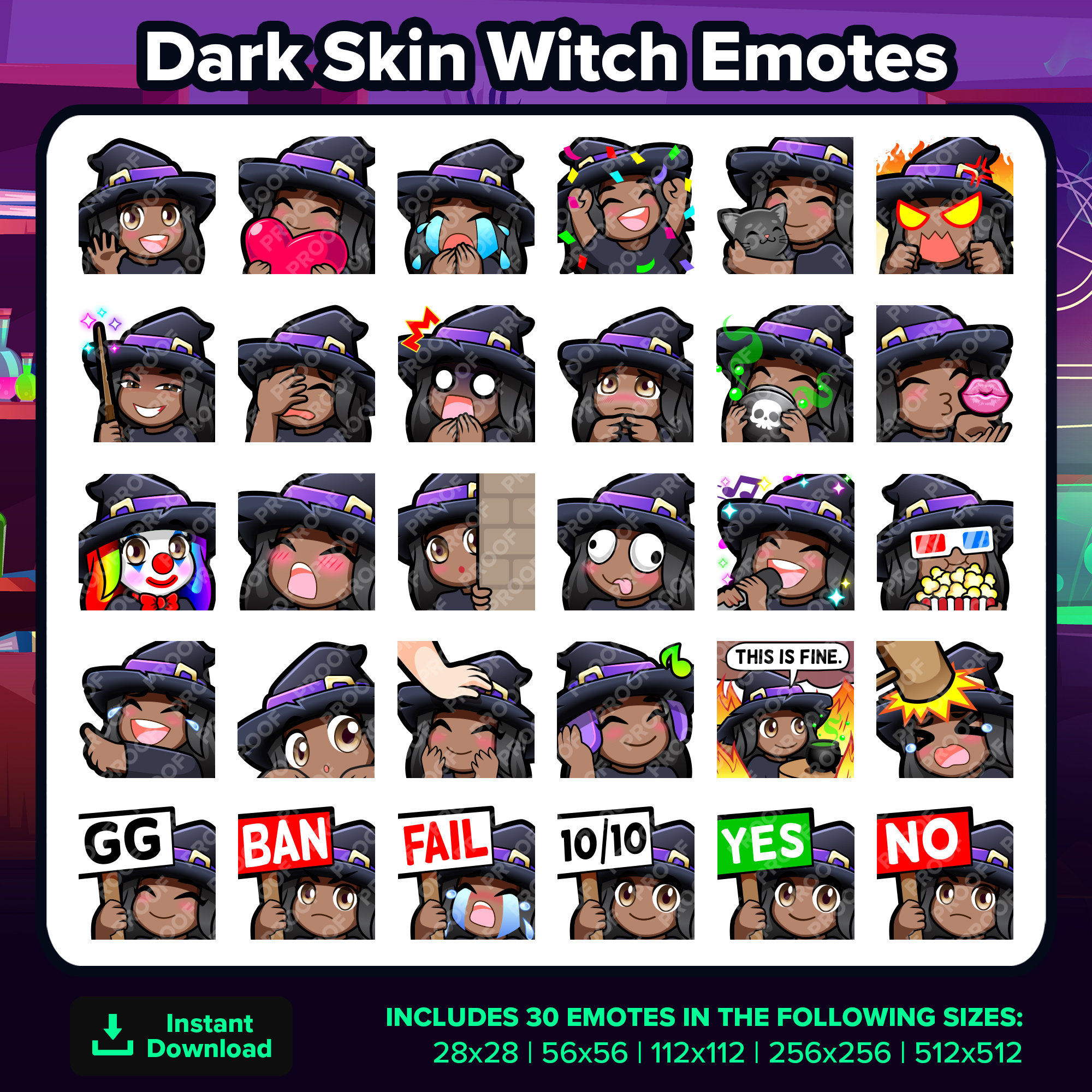 Black Hair Dark Skin Witch Twitch Emotes MEGA Bundle for Streaming ...