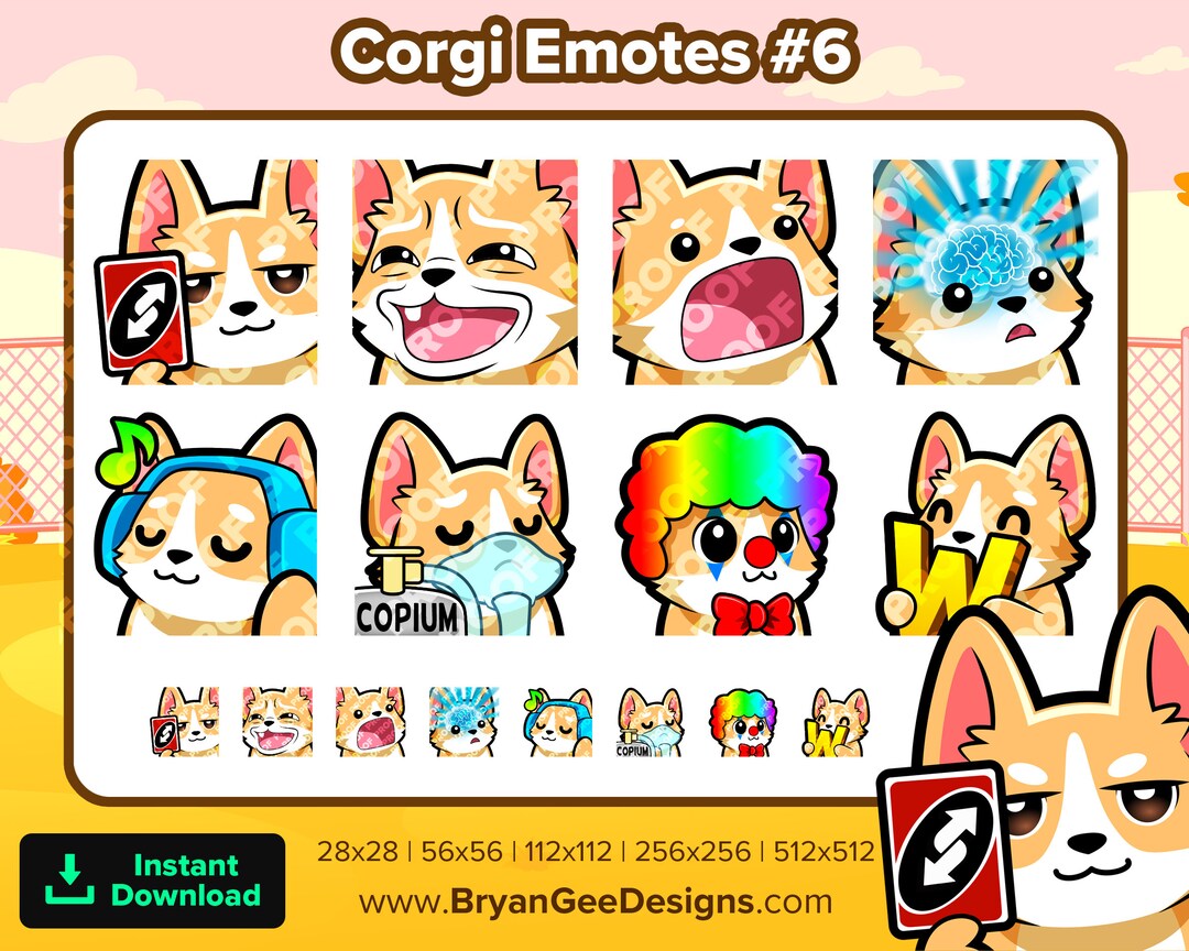 Corgi Twitch Emotes Uno Reverse KEKW Gasp Big Brain Music Copium Clown ...