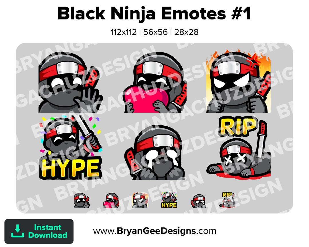Black Ninja Twitch Emotes for Streaming Wave Love Rage HYPE Sad RIP ...