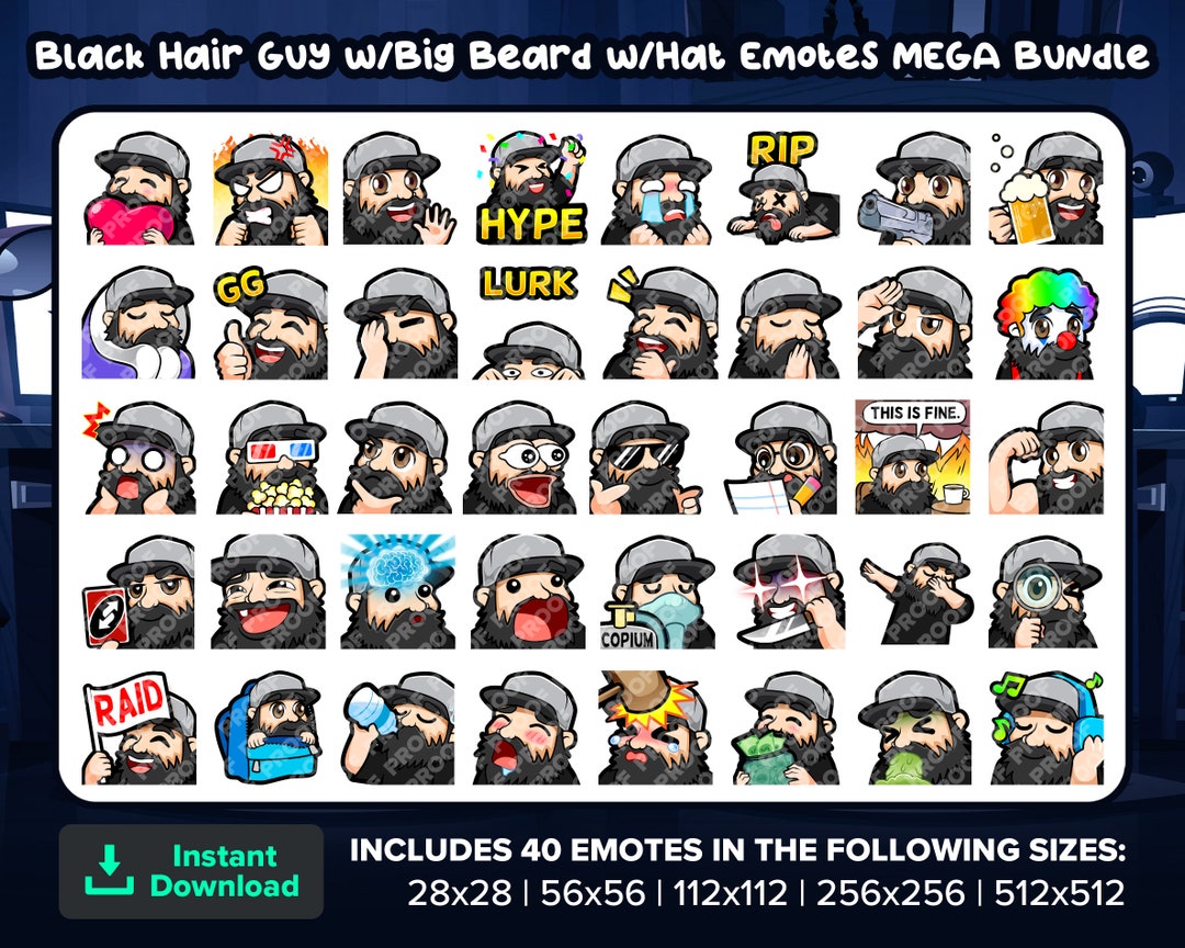 Black Hair Guy With Big Beard With Front Hat Twitch Emotes MEGA Bundle ...
