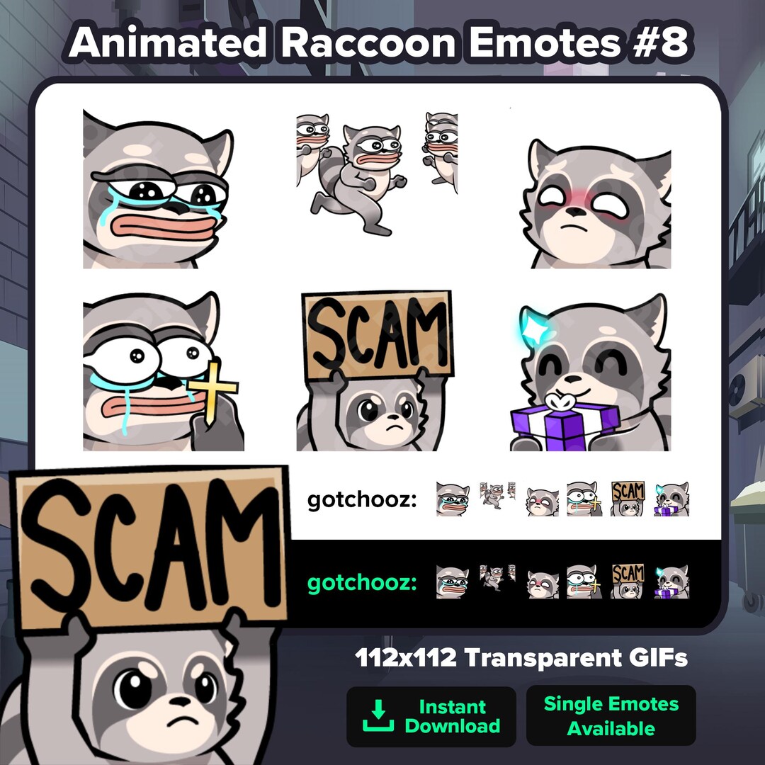 Animated Raccoon Twitch Emotes Why, Scatter, Bonk, Cross, Scam, Gifted ...