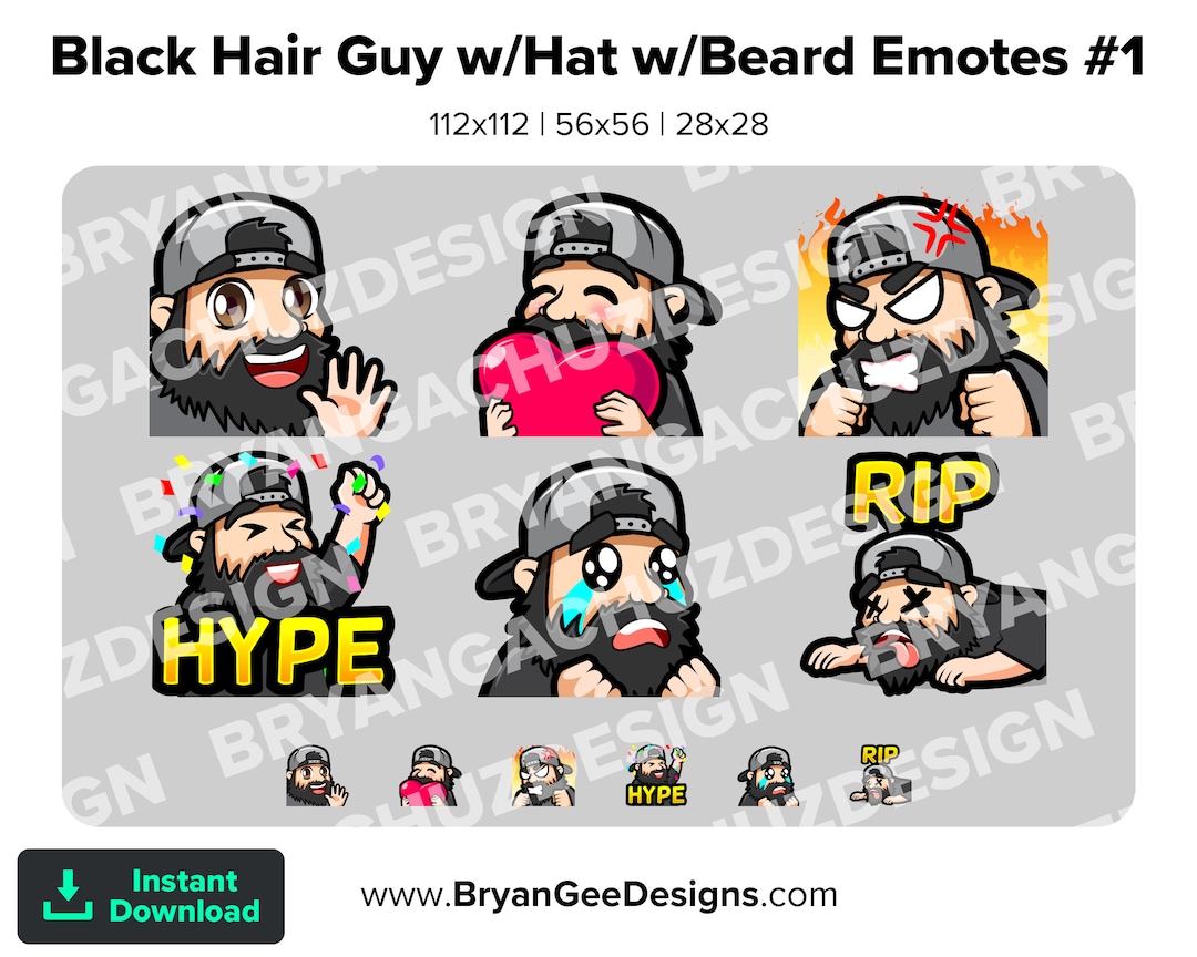 Black Hair Guy Beard and Backwards Hat Twitch Emotes for Streaming Wave ...