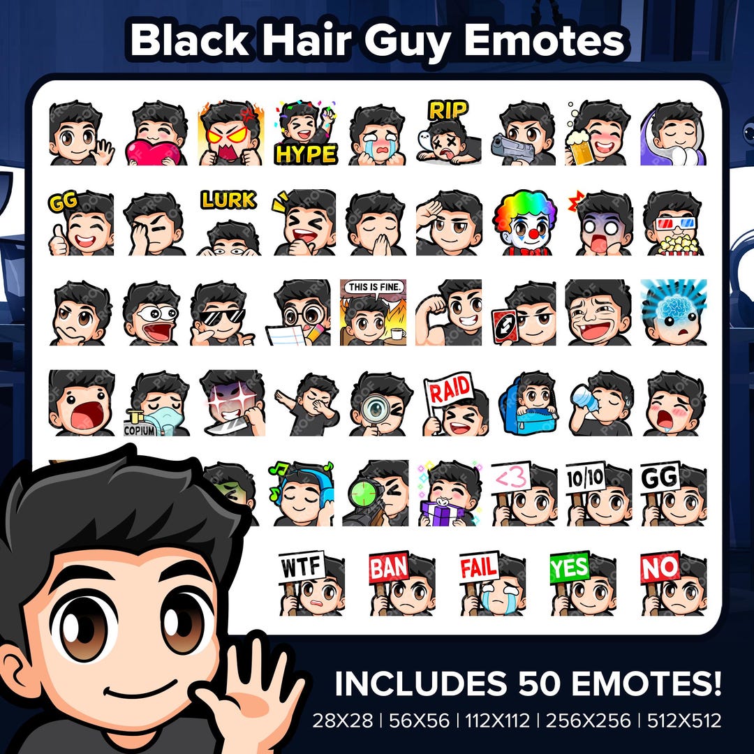 Black Hair Guy Twitch Emotes | 50 Emote Bundle for Streaming on Youtube ...