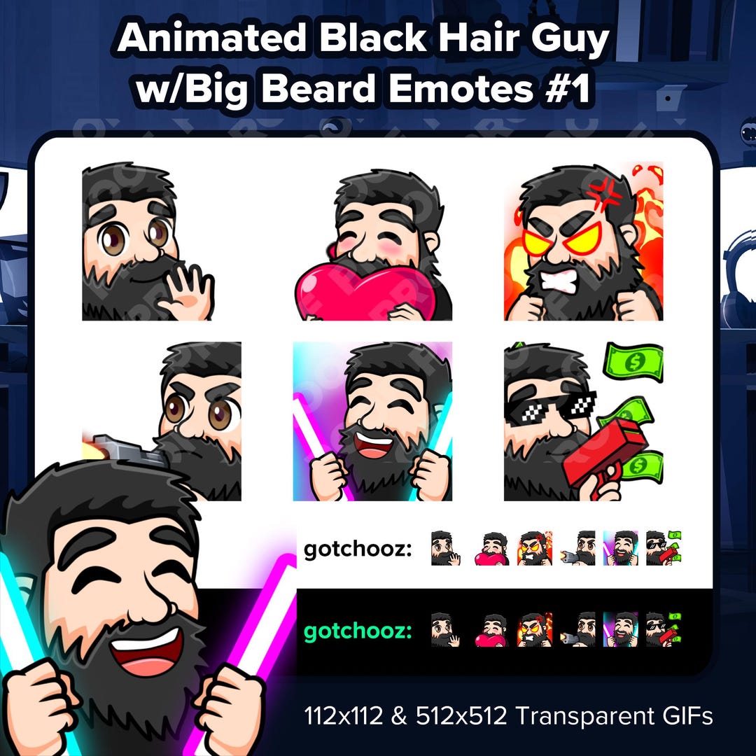 Animated Black Hair Guy With Big Beard Twitch Emotes Wave Love Rage ...