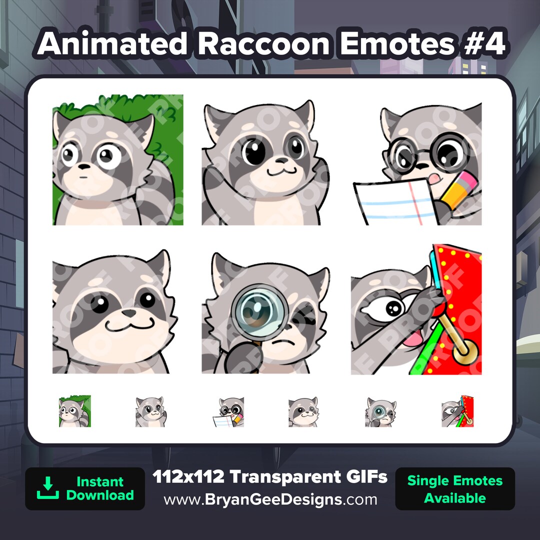 Animated Raccoon Twitch Emotes Hiding Bush, Clapping, Notes, POP, Sus ...