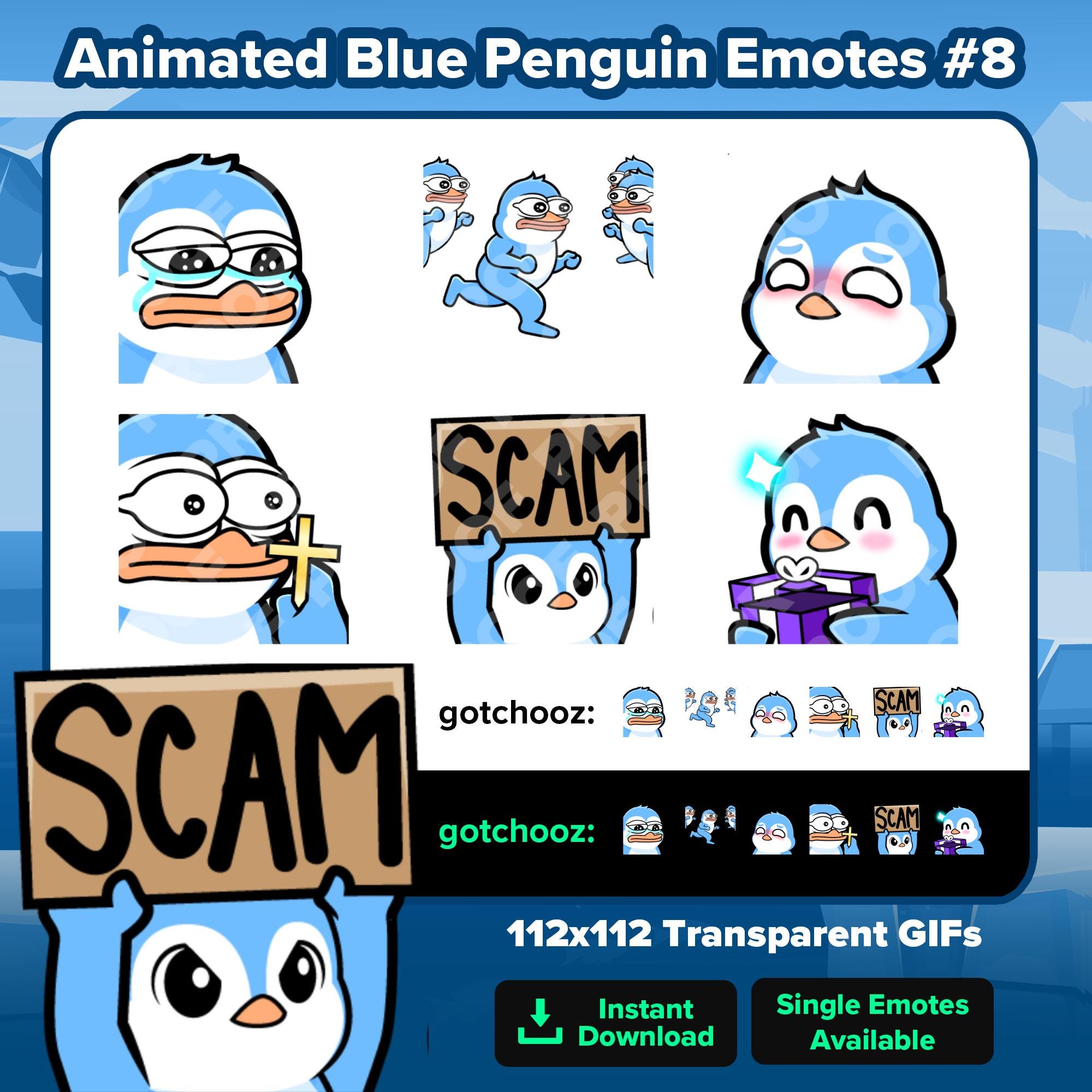Animated Blue Penguin Emotes Pack #8 | Sadge, Scatter, Bonk, Prayge ...