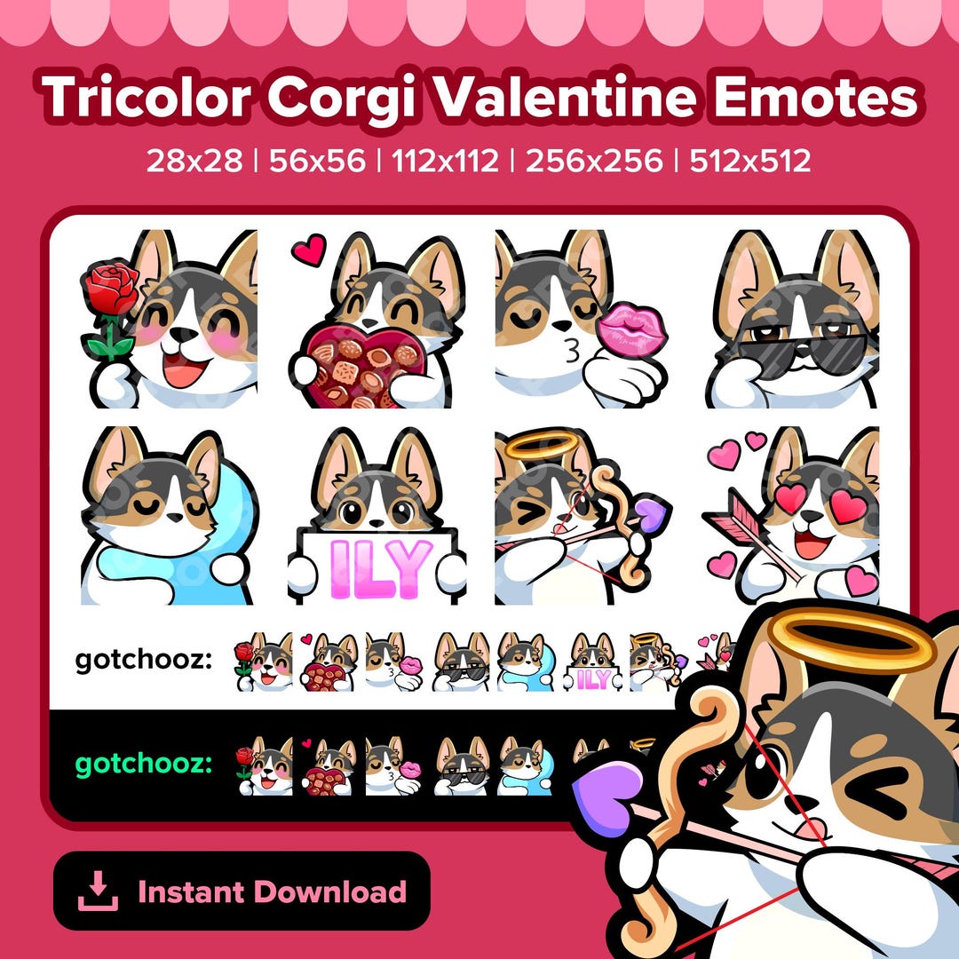 Tricolor Corgi Valentine Twitch Emotes for Streaming | Emotes for ...