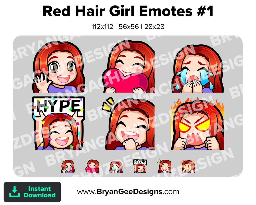 Redhead Red Hair Girl Twitch Emotes for Streaming Wave Hi Love Heart ...