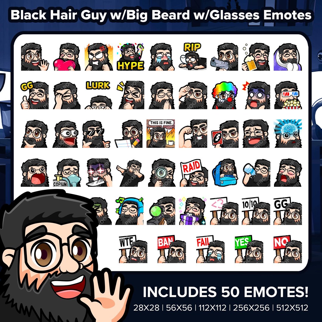 Black Hair Guy With Big Beard and Glasses Twitch Emotes MEGA Bundle for ...
