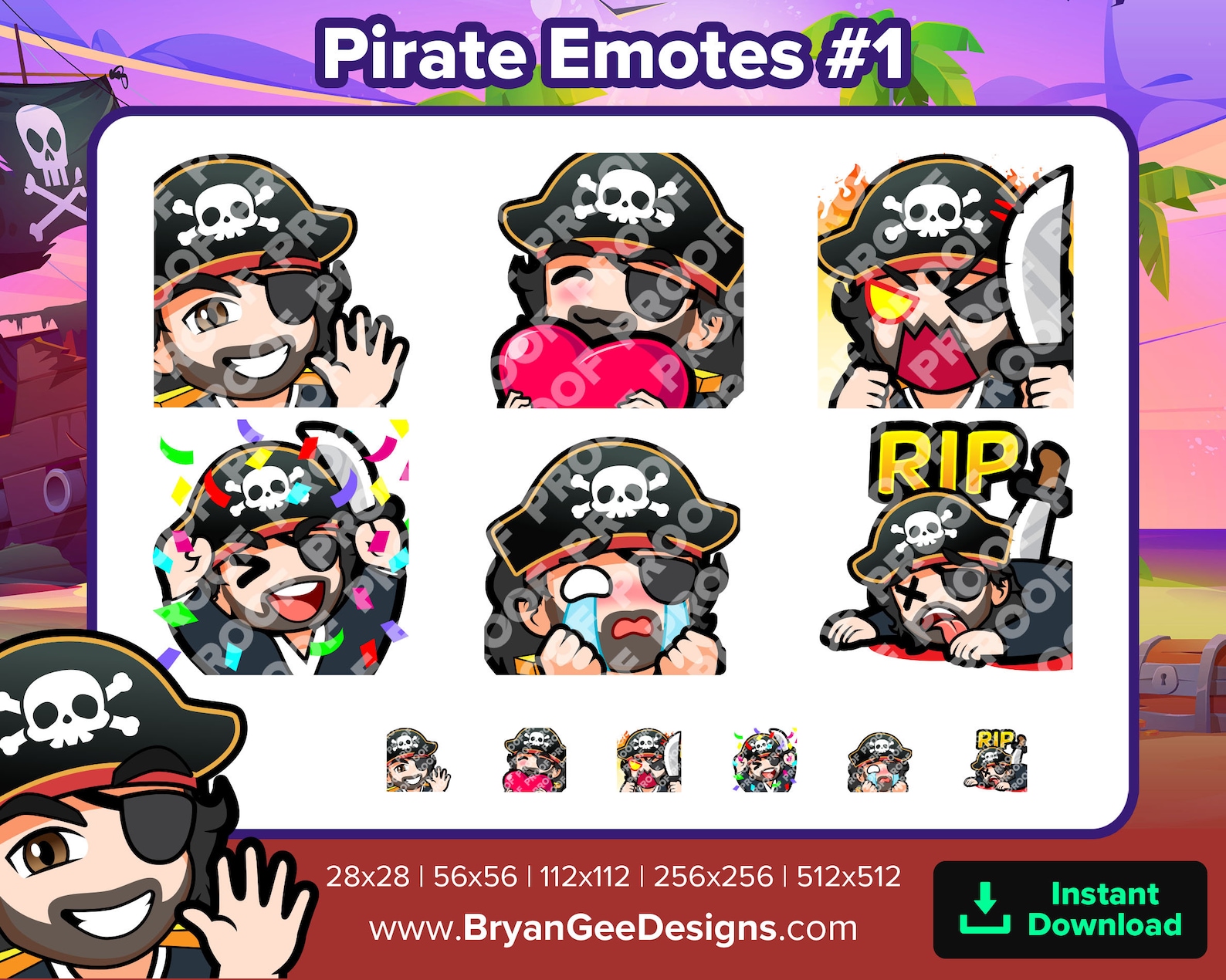 Pirate Twitch Emotes Black Hair Wave Love Heart Rage Angry - Etsy