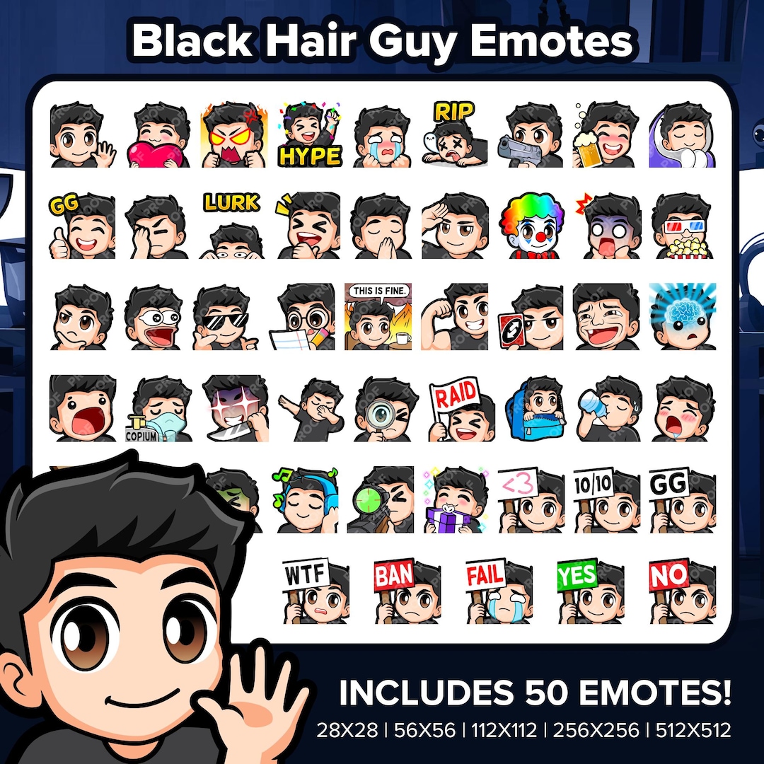 Black Hair Guy Twitch Emotes MEGA Bundle for Streaming, Youtube Emotes ...