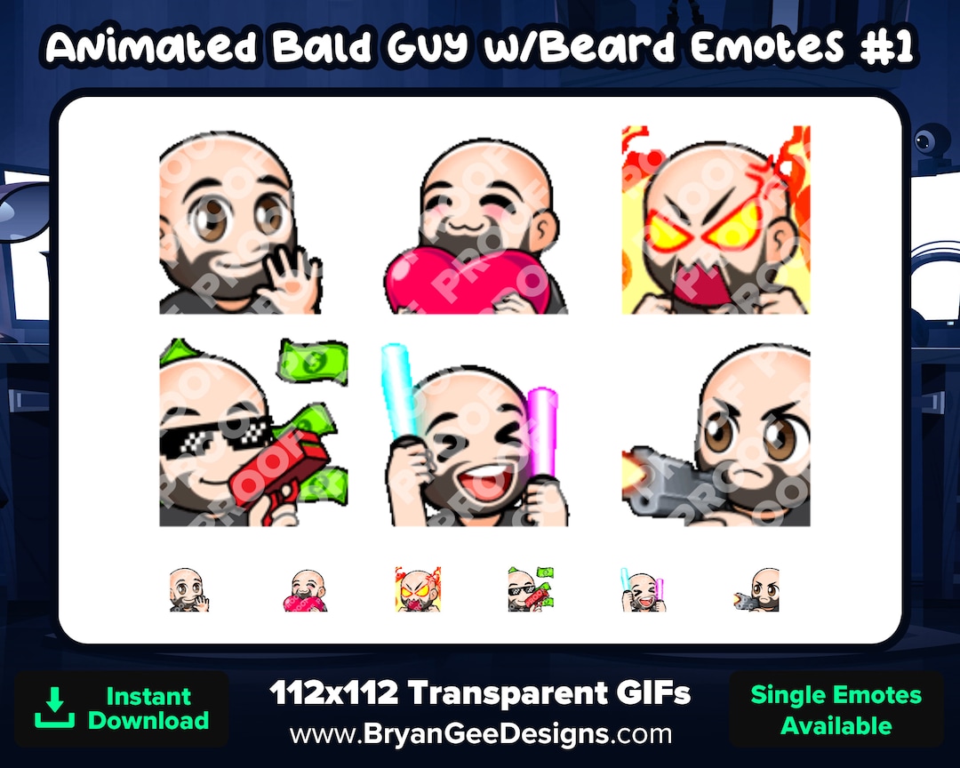 Animated Bald Guy With Beard Twitch Emotes Wave Love Rage Money Dono ...