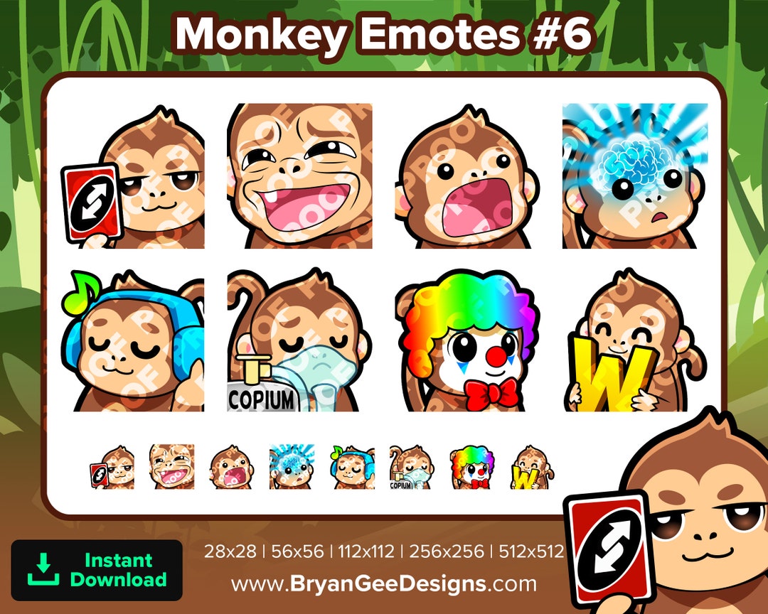 Monkey Twitch Emotes Uno Reverse KEKW Gasp Big Brain Music Copium Clown ...