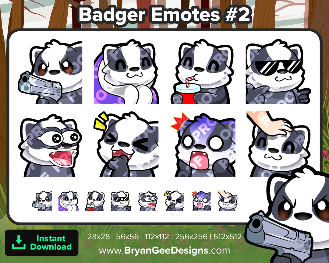 Badger Twitch Emotes Gun Cozy Sip Cool Pog Lul Laughing Scared Shocked