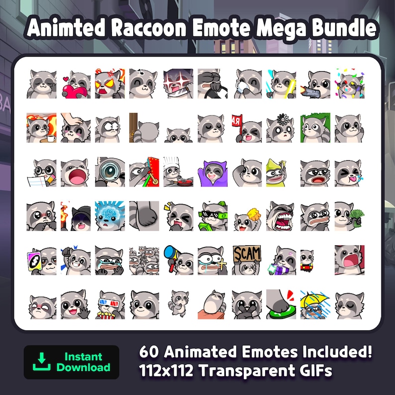Animated Raccoon Emotes Mega Bundle – 60 Cute GIF Emotes for Twitch ...