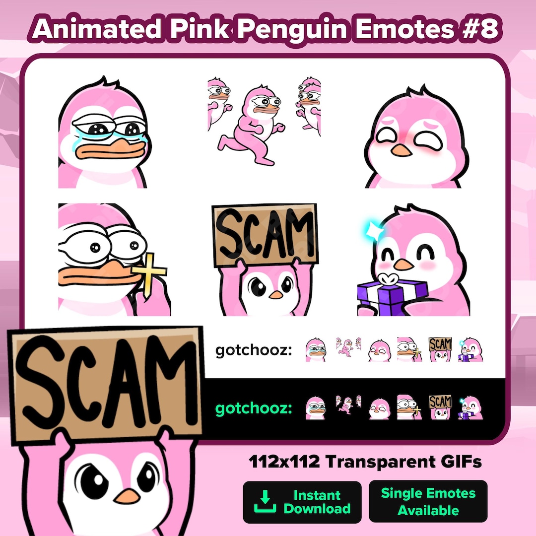 Animated Pink Penguin Twitch Emotes Why, Scatter, Bonk, Cross, Scam ...