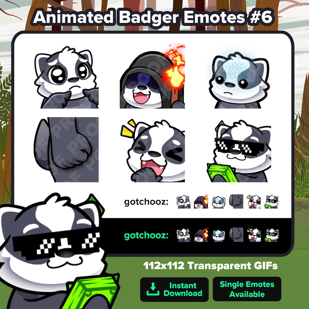 Animated Badger Twitch Emotes Shy, Cult, Big Brain, Rage Fist, Laughing ...