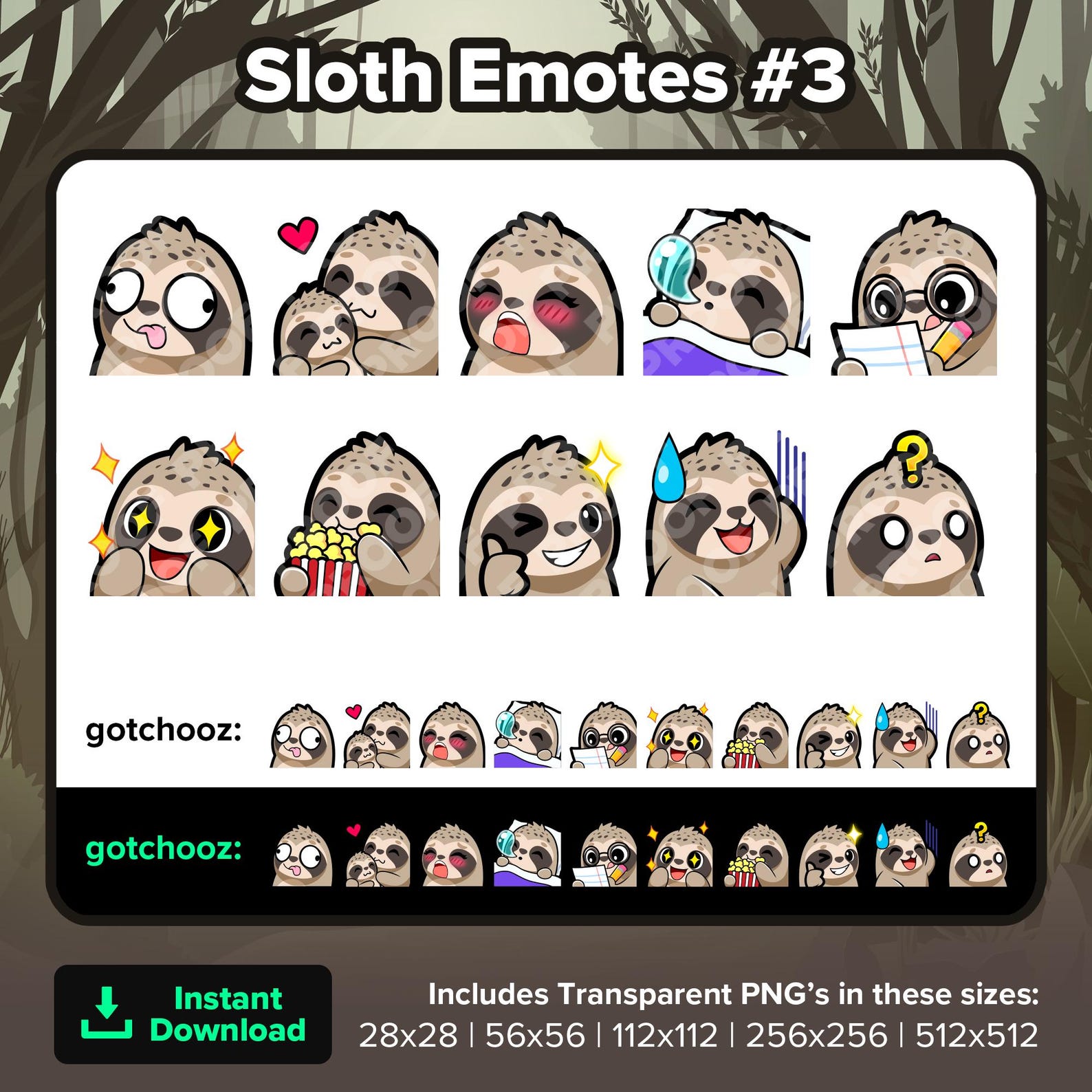 Sloth Twitch Emotes Derp Hug Gasm Sleep Notes Study Wow Popcorn Wink ...