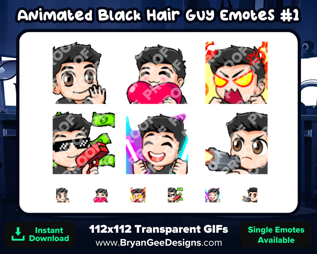 Animated Black Hair Guy Twitch Emotes Wave Love Rage Money Dono Raid ...