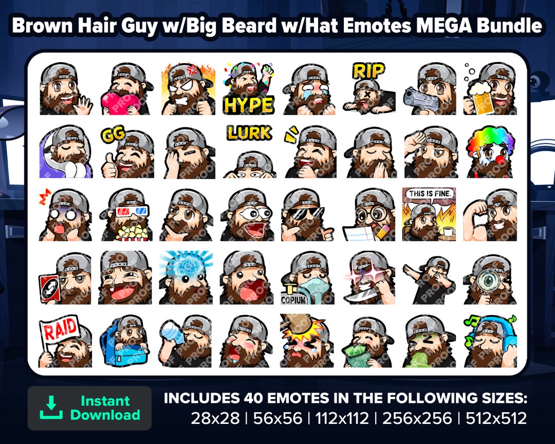 Brown Hair Guy With Big Beard With Hat Twitch Emotes MEGA Bundle for ...