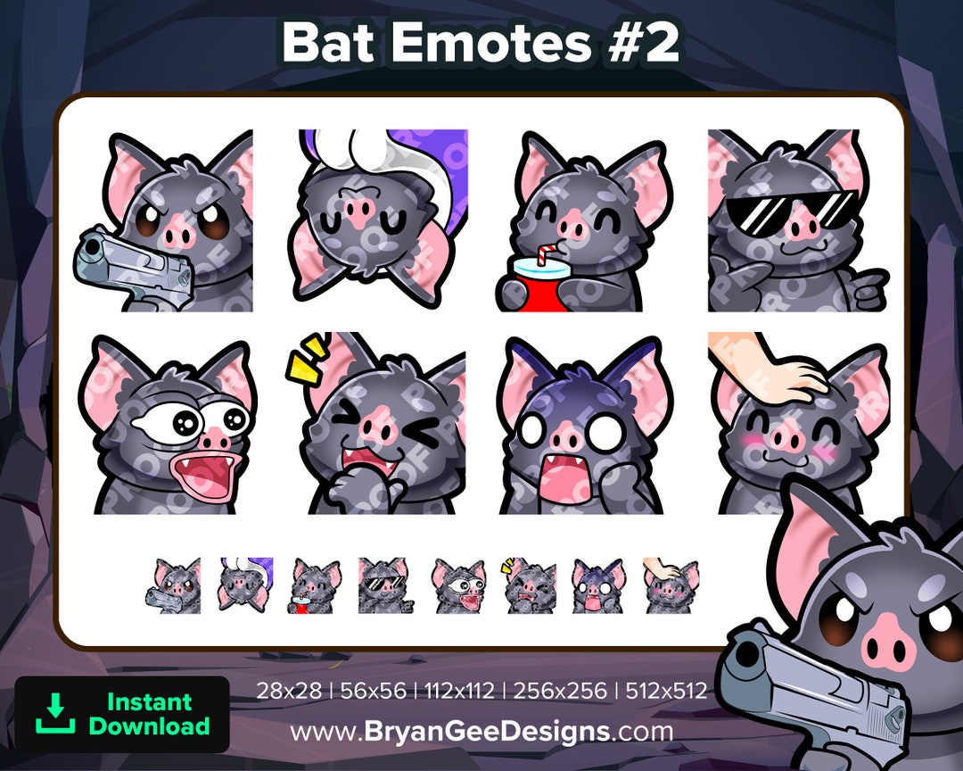 Bat Twitch Emotes Gun Cozy SIP Cool POG LUL Scared Head Pat for ...