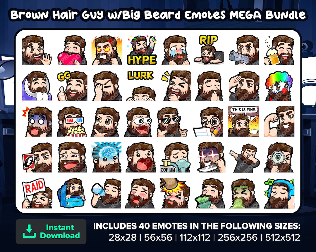 Brown Hair Guy With Big Beard Twitch Emotes MEGA Bundle for Streaming ...