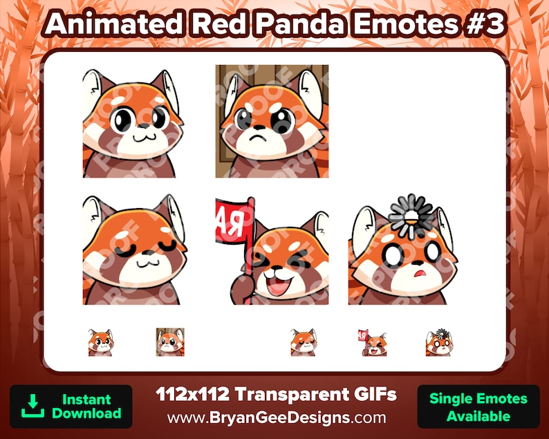 Animation panda roux Twitch emotes grands yeux, congé, cachette ...