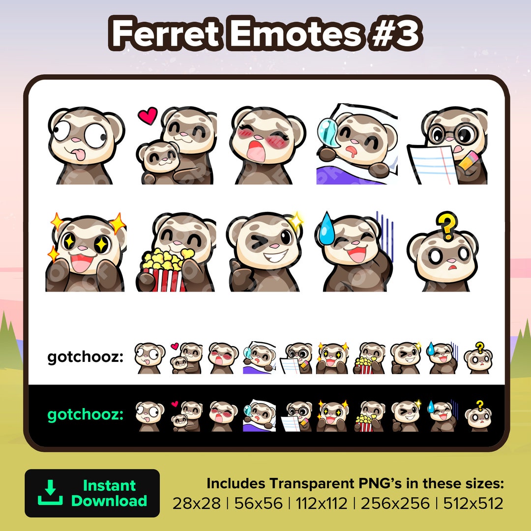 Ferret Weasel Twitch Emotes Derp Hug Gasm Sleep Notes Study Wow Popcorn ...